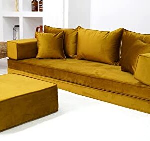 Gold Velvet Fabric Floor Seating, Sectional Sofa, Velvet Floor Sofa, Meditation Sofa, Arabic Floor Sofa Set, Floor Couches (Sofa + Ottoman, 8'' Thickness Sofa)