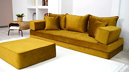 Gold Velvet Fabric Floor Seating, Sectional Sofa, Velvet Floor Sofa, Meditation Sofa, Arabic Floor Sofa Set, Floor Couches (Sofa + Ottoman, 8'' Thickness Sofa)