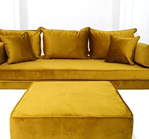 Gold Velvet Fabric Floor Seating, Sectional Sofa, Velvet Floor Sofa, Meditation Sofa, Arabic Floor Sofa Set, Floor Couches (Sofa + Ottoman, 8'' Thickness Sofa)