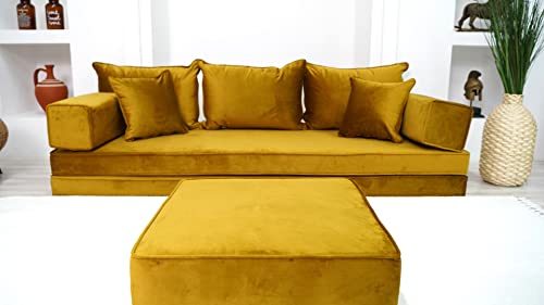 Gold Velvet Fabric Floor Seating, Sectional Sofa, Velvet Floor Sofa, Meditation Sofa, Arabic Floor Sofa Set, Floor Couches (Sofa + Ottoman, 8'' Thickness Sofa)