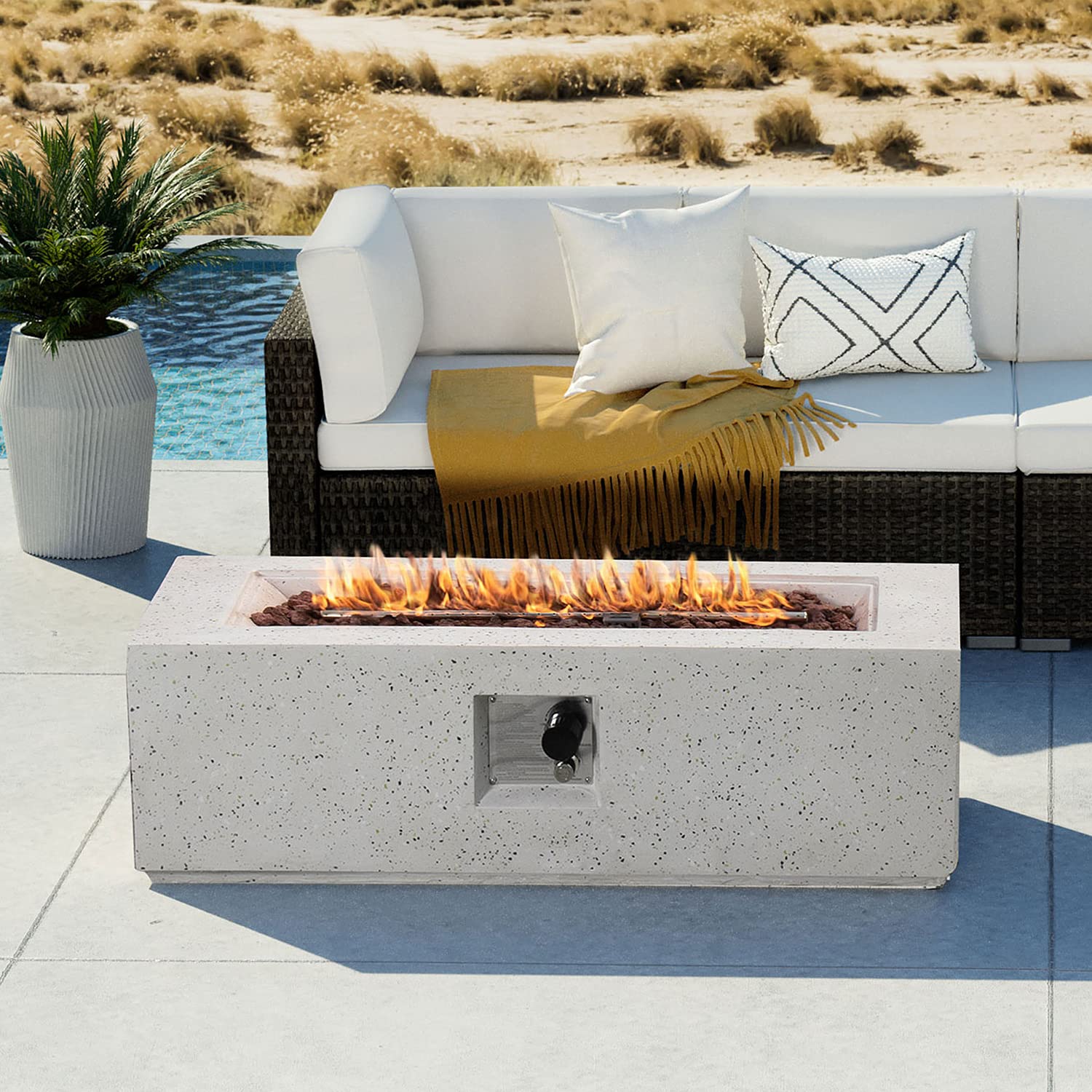 COSIEST Outdoor Propane Fire Pit Coffee Table, 42-inch x 13-inch Terrazzo Rectangle Base Patio Heater w 50,000 BTU Stainless Steel Burner, Free Lava Rocks and Rain Cover