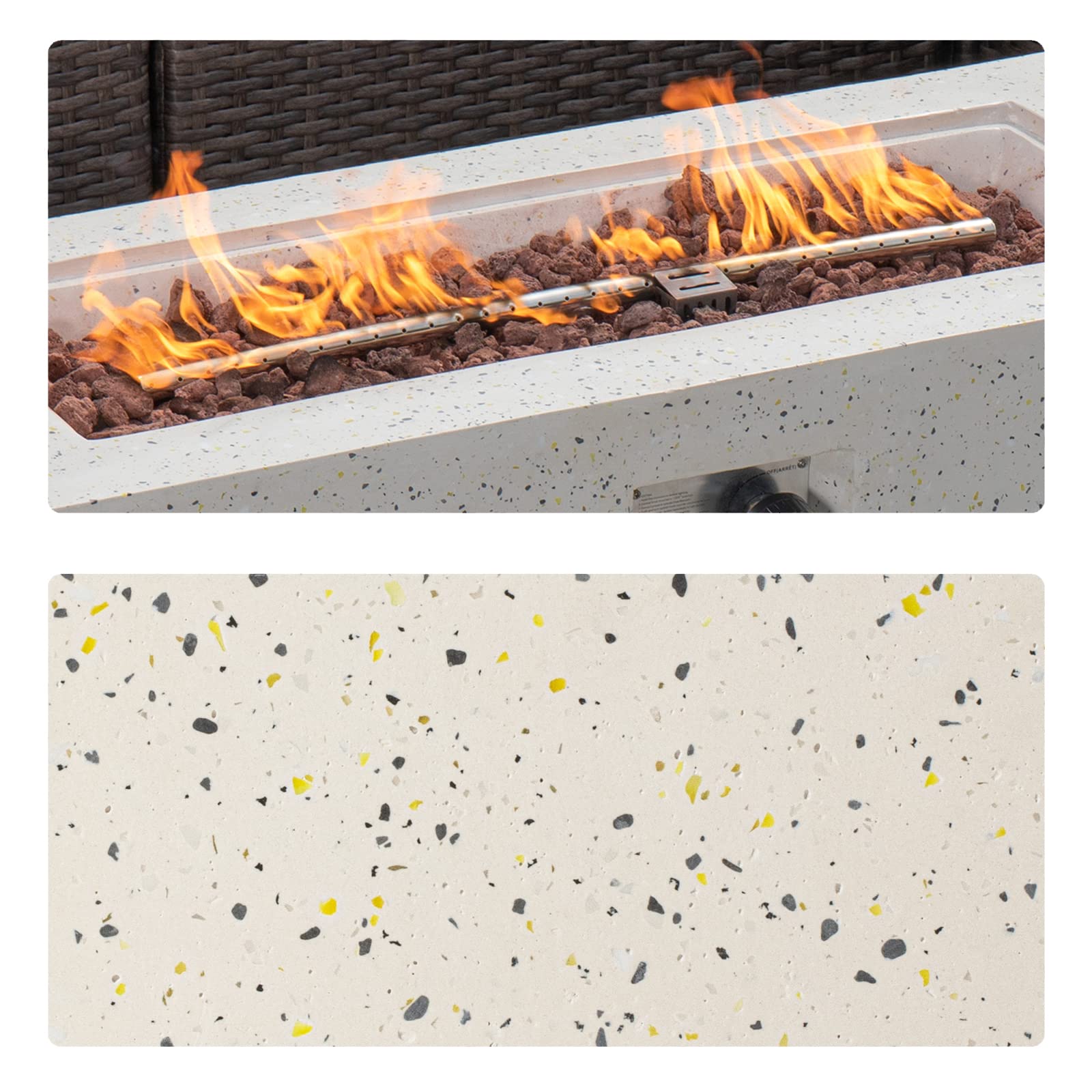 COSIEST Outdoor Propane Fire Pit Coffee Table, 42-inch x 13-inch Terrazzo Rectangle Base Patio Heater w 50,000 BTU Stainless Steel Burner, Free Lava Rocks and Rain Cover