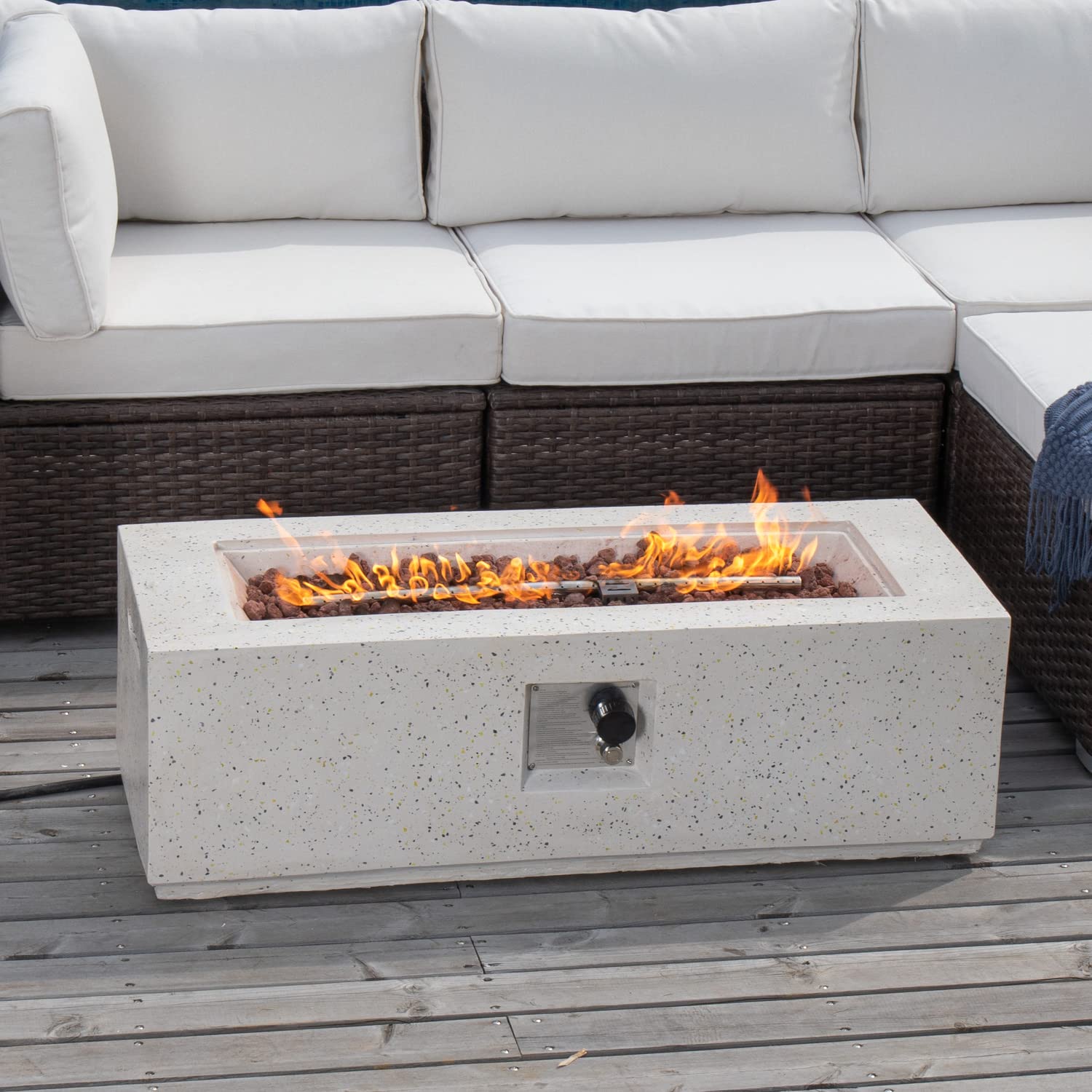 COSIEST Outdoor Propane Fire Pit Coffee Table, 42-inch x 13-inch Terrazzo Rectangle Base Patio Heater w 50,000 BTU Stainless Steel Burner, Free Lava Rocks and Rain Cover