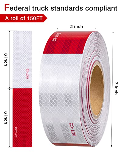 Dynta Reflective Tape Dot 2Inch x 300Feet Reflector DOT-C2 Safety Waterproof Adhesive Conspicuity Red and White Tape for Trailer, Trucks, Cars,Yachting,Outdoor 2 Rolls (2Inch x 150Feet)