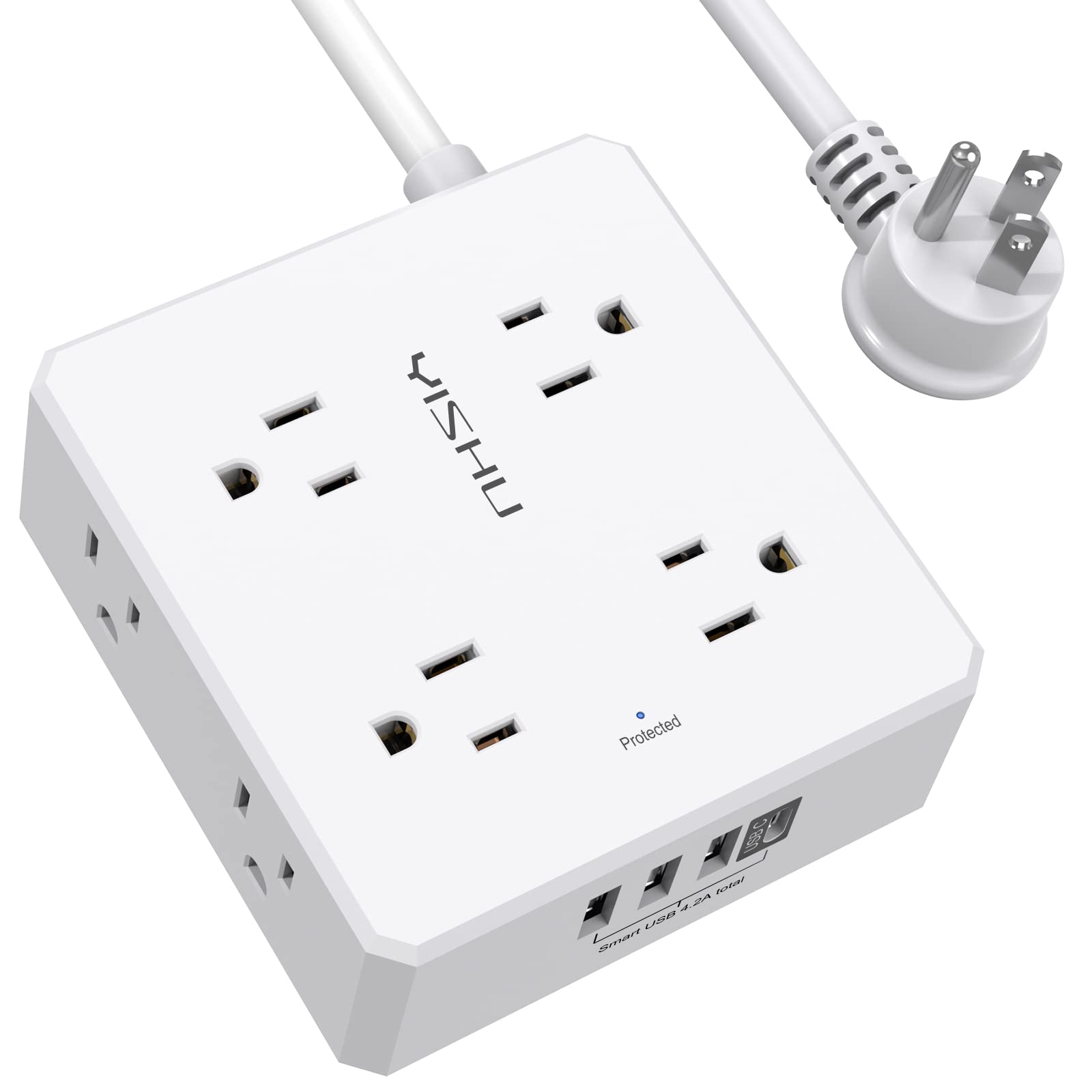 10 Ft Surge Protector Power Strip - 8 Widely Outlets with 4 USB Ports, 3 Side Outlet Extender with 10 Feet Extension Cord, Flat Plug, Wall Mount, Desk USB Charging Station, ETL,White