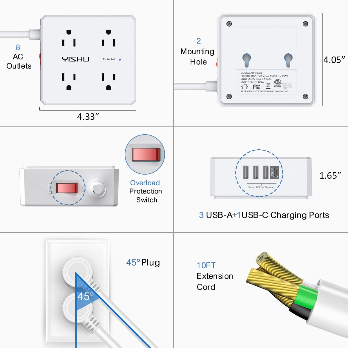 10 Ft Surge Protector Power Strip - 8 Widely Outlets with 4 USB Ports, 3 Side Outlet Extender with 10 Feet Extension Cord, Flat Plug, Wall Mount, Desk USB Charging Station, ETL,White