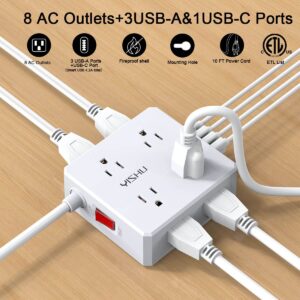 10 Ft Surge Protector Power Strip - 8 Widely Outlets with 4 USB Ports, 3 Side Outlet Extender with 10 Feet Extension Cord, Flat Plug, Wall Mount, Desk USB Charging Station, ETL,White