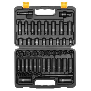 dekopro 48 piece 3/8-inch drive 6 point impact socket set, standard and deep, metric and sae, cr-v steel with extension bar and universal joints