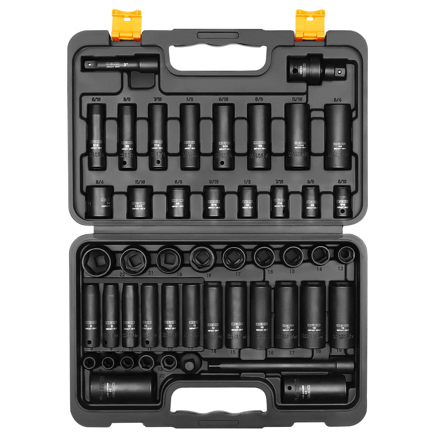 DEKOPRO 48 Piece 3/8-inch Drive 6 Point Impact Socket Set, Standard and Deep, Metric and SAE, CR-V Steel with Extension Bar and Universal Joints