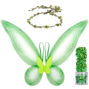 funcredible fairy costume accessories - green fairy wings and flower crown, glitter - tooth fairy cosplay outfit for women and girls