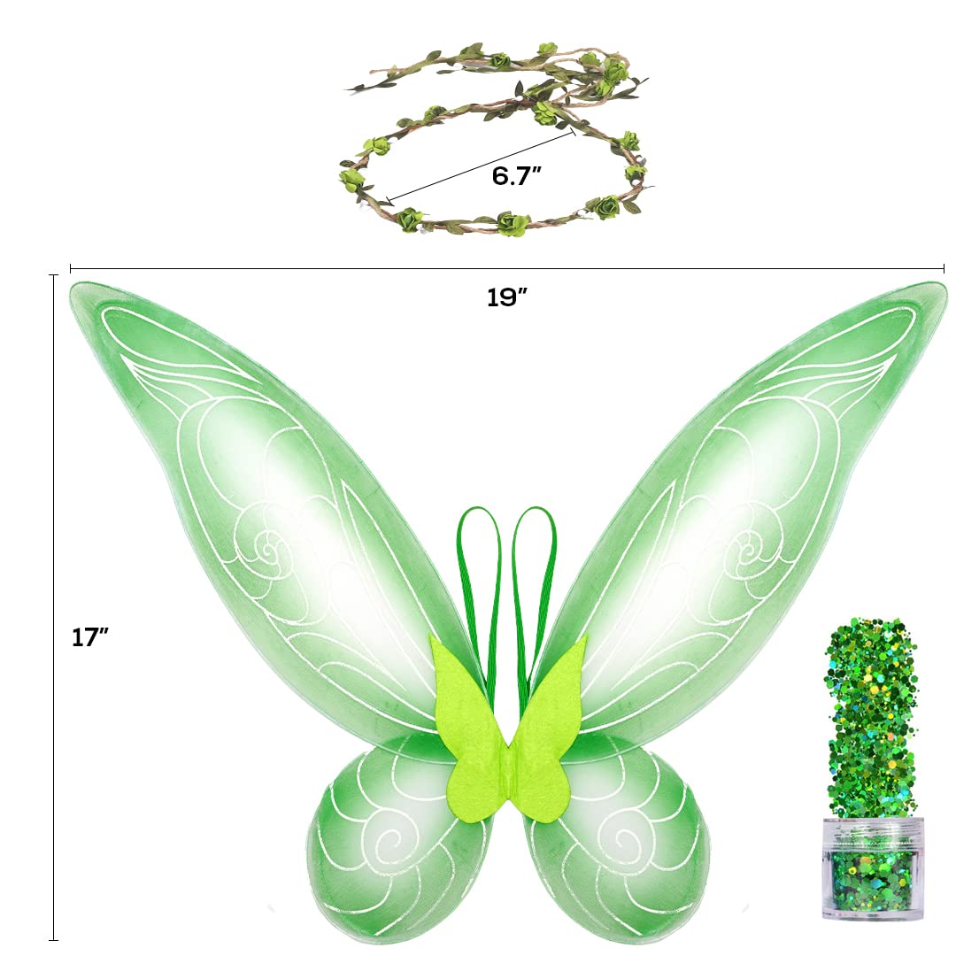 Funcredible Fairy Costume Accessories - Green Fairy Wings and Flower Crown, Glitter - Tooth Fairy Cosplay Outfit for Women and Girls