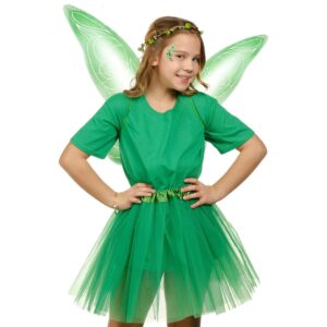 Funcredible Fairy Costume Accessories - Green Fairy Wings and Flower Crown, Glitter - Tooth Fairy Cosplay Outfit for Women and Girls