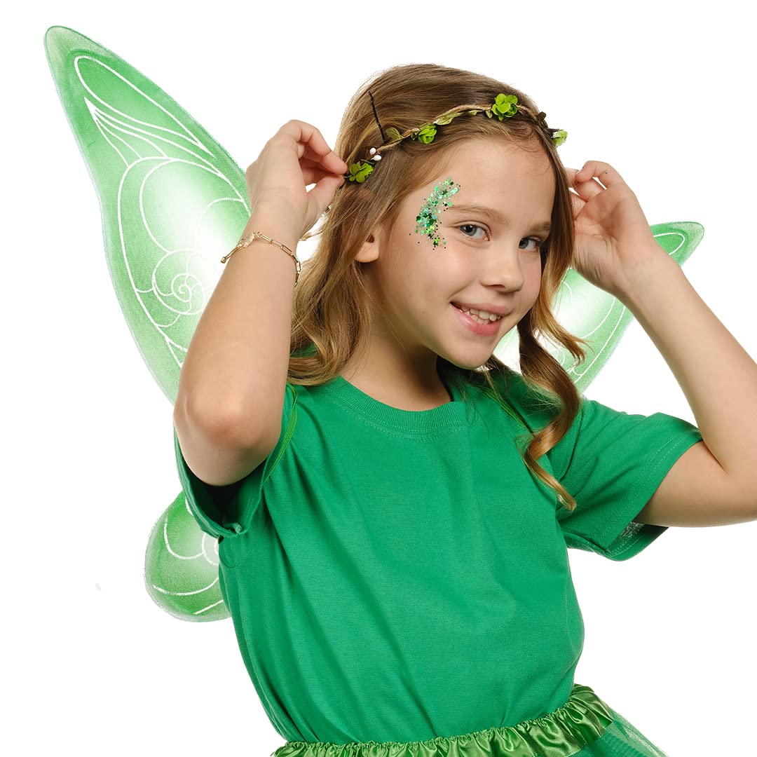 Funcredible Fairy Costume Accessories - Green Fairy Wings and Flower Crown, Glitter - Tooth Fairy Cosplay Outfit for Women and Girls