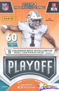 2021 panini playoff football exclusive massive factory sealed 60 card hanger box with (9) exclusive goal line parallels! look for rcs & autos of mac jones, trevor lawrence, trey lance & more! wowzzer!