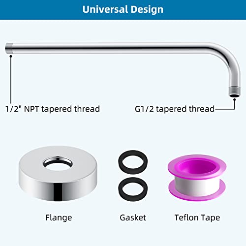 Hibbent 16 Inch All Metal Shower Extension Arm, Extra Long Shower Arm with Flange, Stainless Steel Rainfall Shower Arm Water Outlet, Wall Mounted Shower Head Extender Arm, Chrome