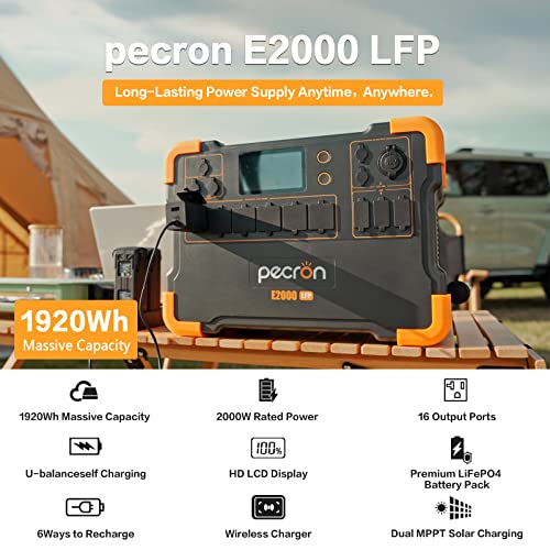 pecron Portable Power Station E2000LFP 1920Wh LiFePO4 Battery Backup Expandable to 8064Wh 6X2000W AC Outlets 1200W Max Solar Input Backup Power for Outdoors Camping Fishing Emergency