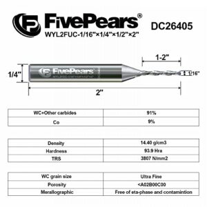 FivePears Down Cut Spiral Router Bit for CNC, 1/16 inch Cutting Diameter and 1/2 inch Cutting Length 1/4 inch Shank Carbide End Mill Router Bit for Wood Carving Engraving Grinding Grooving