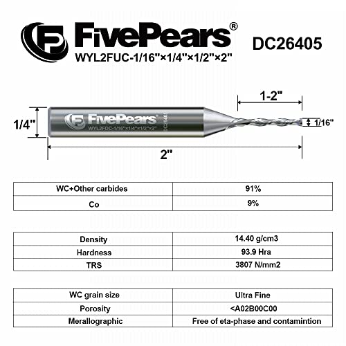 FivePears Down Cut Spiral Router Bit for CNC, 1/16 inch Cutting Diameter and 1/2 inch Cutting Length 1/4 inch Shank Carbide End Mill Router Bit for Wood Carving Engraving Grinding Grooving