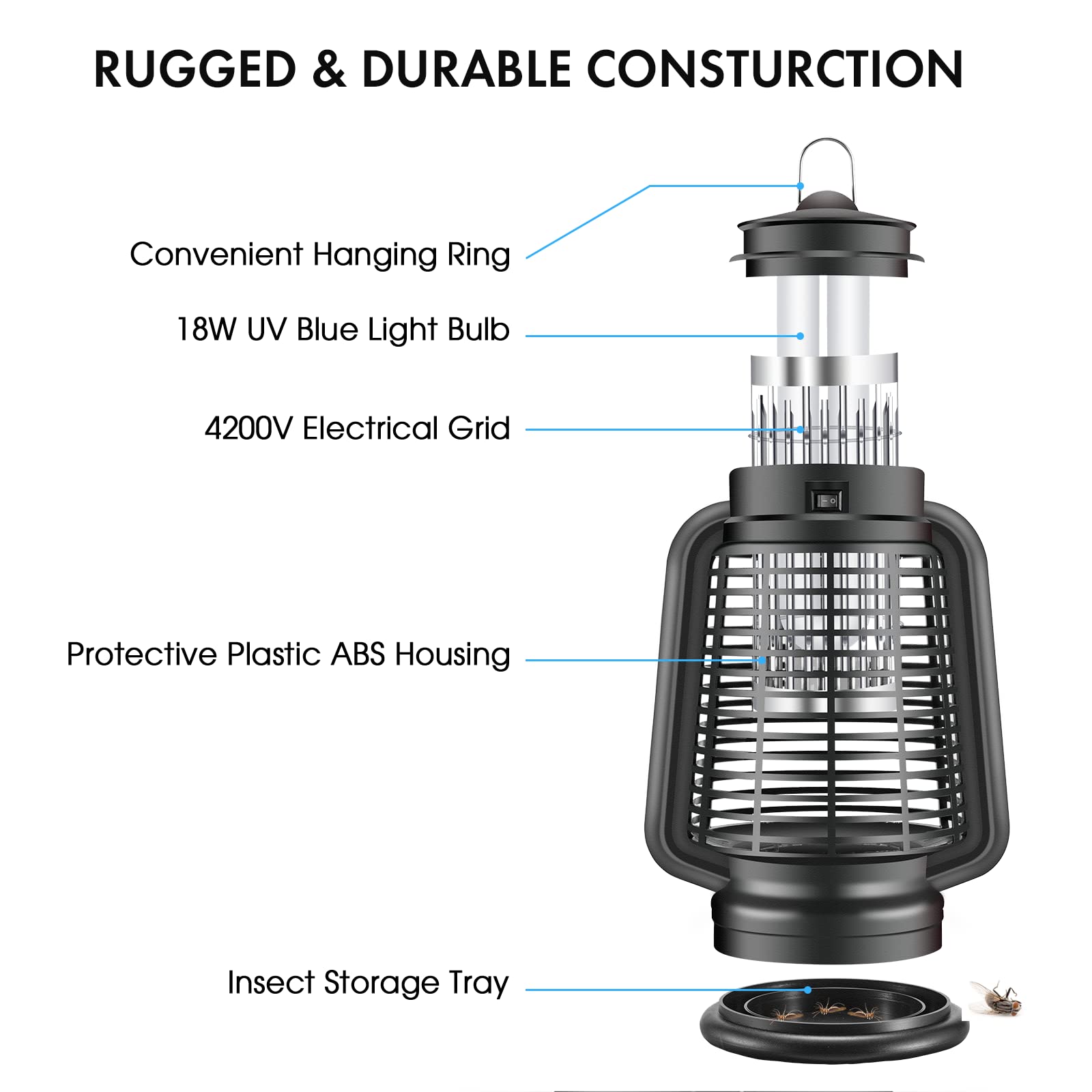 ICFPWR Bug Zapper Outdoor, 18W Powerful Electric Fly Traps Outdoor for Patio Backyard and Home, 4200V Mosquito Zapper Bug Zapper Indoor for Mosquitoes Flies Bugs(Black)