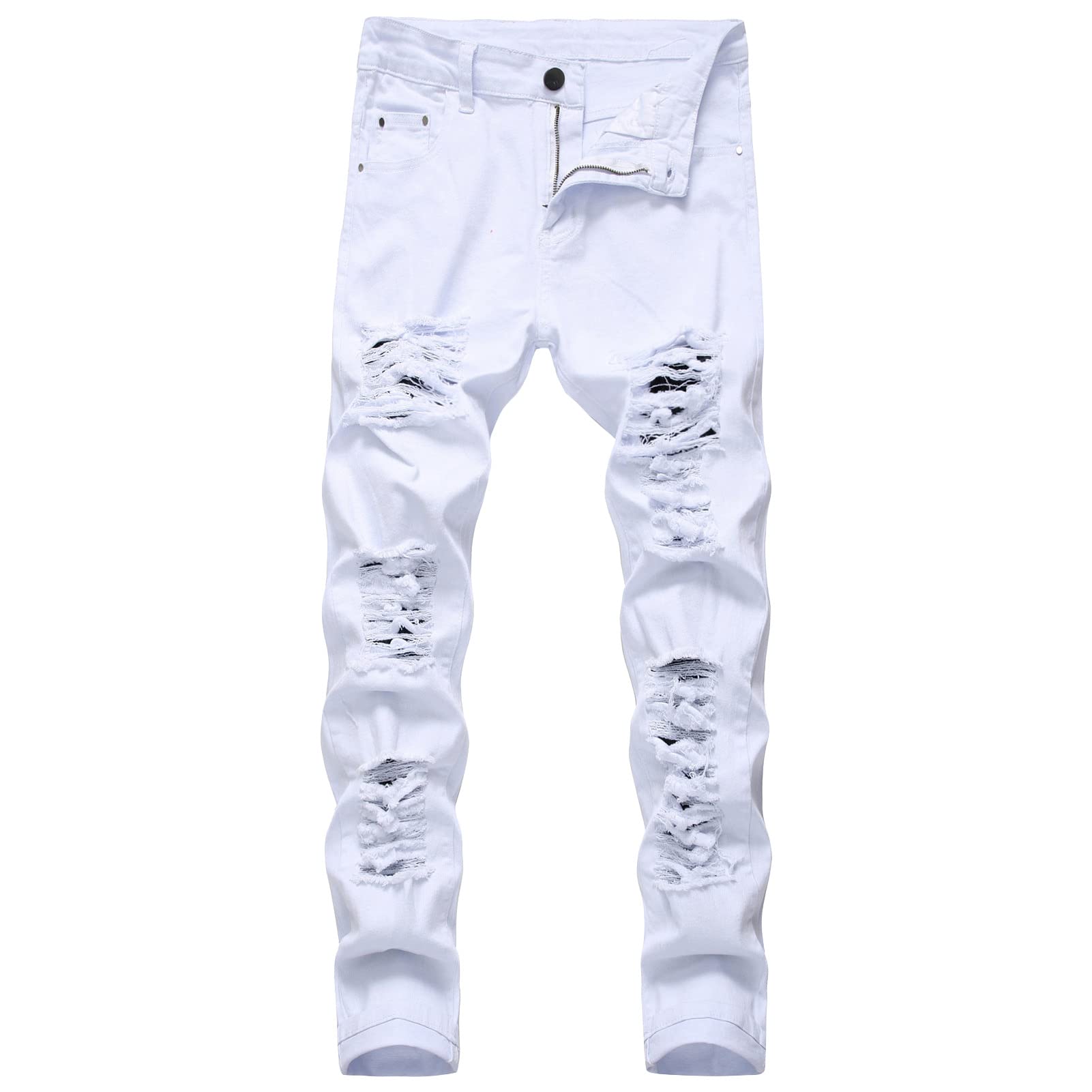 Men Ripped Distressed Destroyed Jeans Casual Vintage Hip Hop Jean with Holes Straight Leg Slim Fit Stretch Denim Pants (White,30)