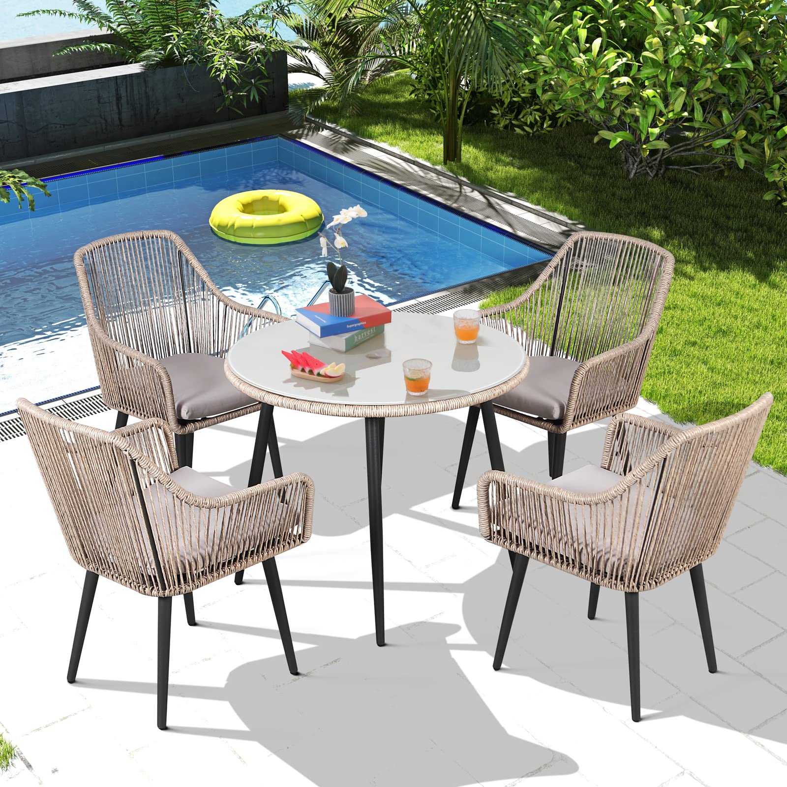 Patiorama 5-Piece Patio Dining Set, Outdoor Dining Table Chair Set, All-Weather Twisted Rattan Wicker Rope Conversation Set, Patio Furniture Set w/Umbrella Hole, 4 Cushioned Chairs&Glass Table(Tan)