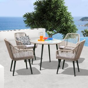 Patiorama 5-Piece Patio Dining Set, Outdoor Dining Table Chair Set, All-Weather Twisted Rattan Wicker Rope Conversation Set, Patio Furniture Set w/Umbrella Hole, 4 Cushioned Chairs&Glass Table(Tan)