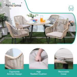 Patiorama 5-Piece Patio Dining Set, Outdoor Dining Table Chair Set, All-Weather Twisted Rattan Wicker Rope Conversation Set, Patio Furniture Set w/Umbrella Hole, 4 Cushioned Chairs&Glass Table(Tan)