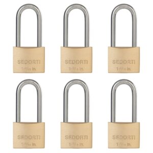 sedorti weatherproof padlock with stainless steel 304 long shackle and solid brass body, 1-9/16 in. wide, 6 padlocks keyed alike, marine grade rustproof lock for outdoors use