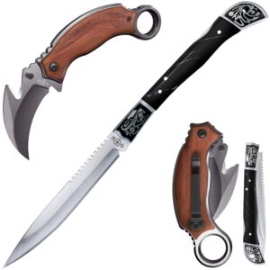 bundle of 2 items - karambit knife - karambit folding knife - folding karambit knives - csgo raptor claw knifes wood handle with clip pocket krambite - pocket knife for urban work hobby unboxing