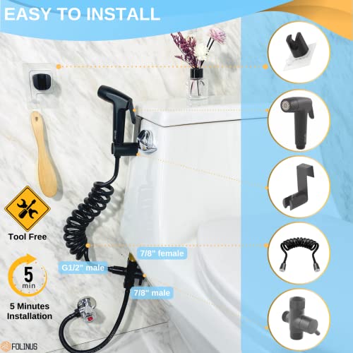 Bidet Sprayer for Toilet, FOLINUS Stainless Steel Handheld Bidet Sprayer with Doulbe Layer Leak-Proof Hose and Brass T-Valve and for Feminine Wash, Personal Hygiene, Pet(Matte Black)