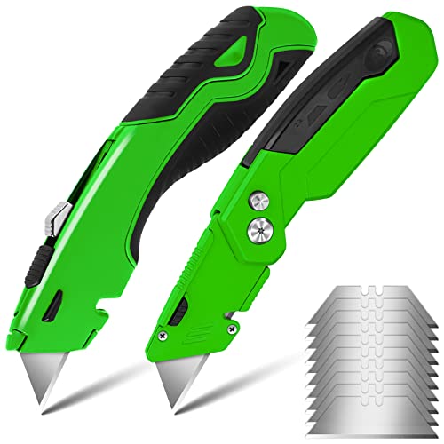 DIYSELF 2-Pack Utility Knife, Box Cutter Retractable and Folding Utility Knife, Blade Storage Design, Box Cutters for Cardboard, Cartons, Razor Knife with Extra 10 Blades, Quick Change Blade (Green)