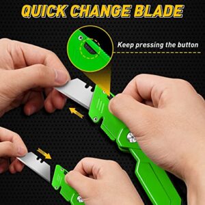 DIYSELF 2-Pack Utility Knife, Box Cutter Retractable and Folding Utility Knife, Blade Storage Design, Box Cutters for Cardboard, Cartons, Razor Knife with Extra 10 Blades, Quick Change Blade (Green)