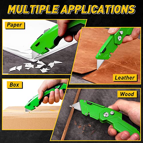 DIYSELF 2-Pack Utility Knife, Box Cutter Retractable and Folding Utility Knife, Blade Storage Design, Box Cutters for Cardboard, Cartons, Razor Knife with Extra 10 Blades, Quick Change Blade (Green)