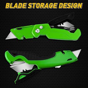 DIYSELF 2-Pack Utility Knife, Box Cutter Retractable and Folding Utility Knife, Blade Storage Design, Box Cutters for Cardboard, Cartons, Razor Knife with Extra 10 Blades, Quick Change Blade (Green)