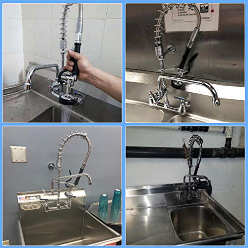 TBER Commercial Kitchen Faucet 8 Inch Center Wall Mount Sink Faucet for Restaurant Industrial 25" Height 12" Swivel Spout Pre-Rinse Sprayer Faucet for Compartment Sinks