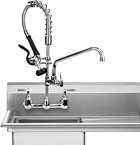 TBER Commercial Kitchen Faucet 8 Inch Center Wall Mount Sink Faucet for Restaurant Industrial 25" Height 12" Swivel Spout Pre-Rinse Sprayer Faucet for Compartment Sinks