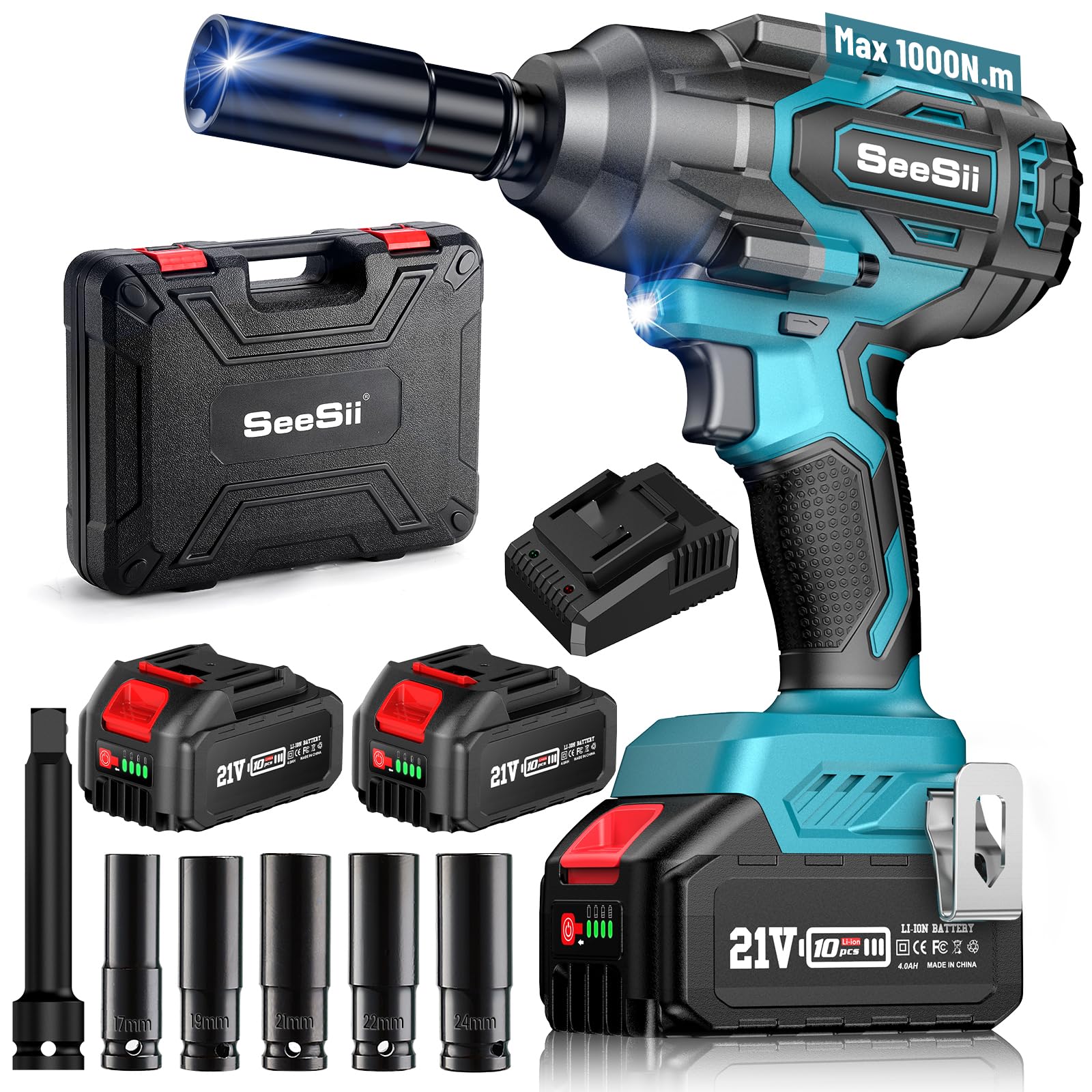 Seesii 1000Nm(738ft-lbs) High Torque Cordless Impact Wrench, 1/2 Brushless Battery Impact Gun w/ 5.0Ah Battery,Fast Charger, 5pcs Sockets & Storage Tool Box, Electric Impact Wrench for Car Truck,WH750