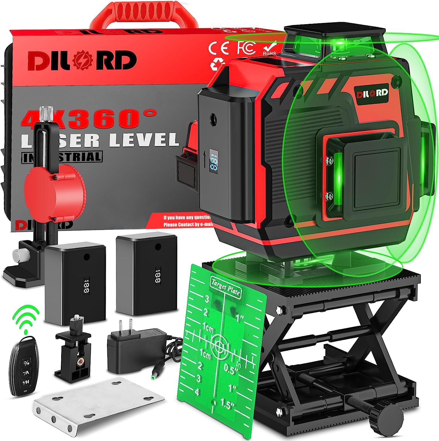 DILORD 16 Lines 120ft Laser Level, 4x360° Self Leveling, 4D Green Cross Line Phone and Remote Control for Construction and Picture Hanging, 2 Rechargeable Battery, Remote Controller, Stand Included