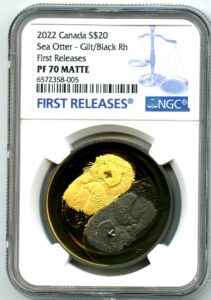 2022 ca canada black and gold rhodium sea otter 1 oz .9999 silver first releases $20 ngc pf70 matte