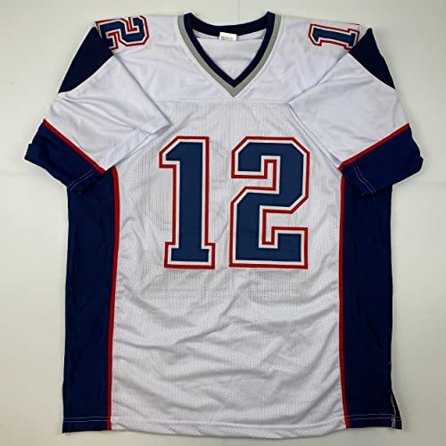 Facsimile Autographed Tom Brady New England White Reprint Laser Auto Football Jersey Size Men's XL