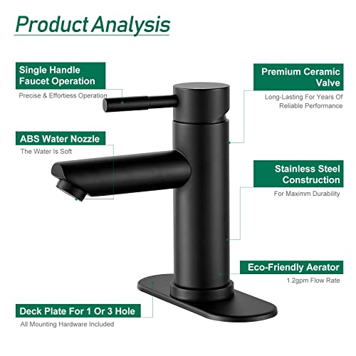 Black Bathroom Faucet Single Hole RV Bathroom Faucet Stainless Steel Bathroom Sink Faucet 1 Hole with 3 Hole Deck Plate，Water Supply Lines with cUPC Certification