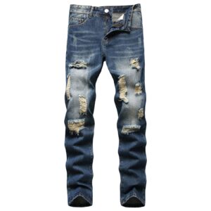 men's casual ripped jeans distressed slim fit straight leg denim pants classic destroyed washed jean trousers (blue 1,30)