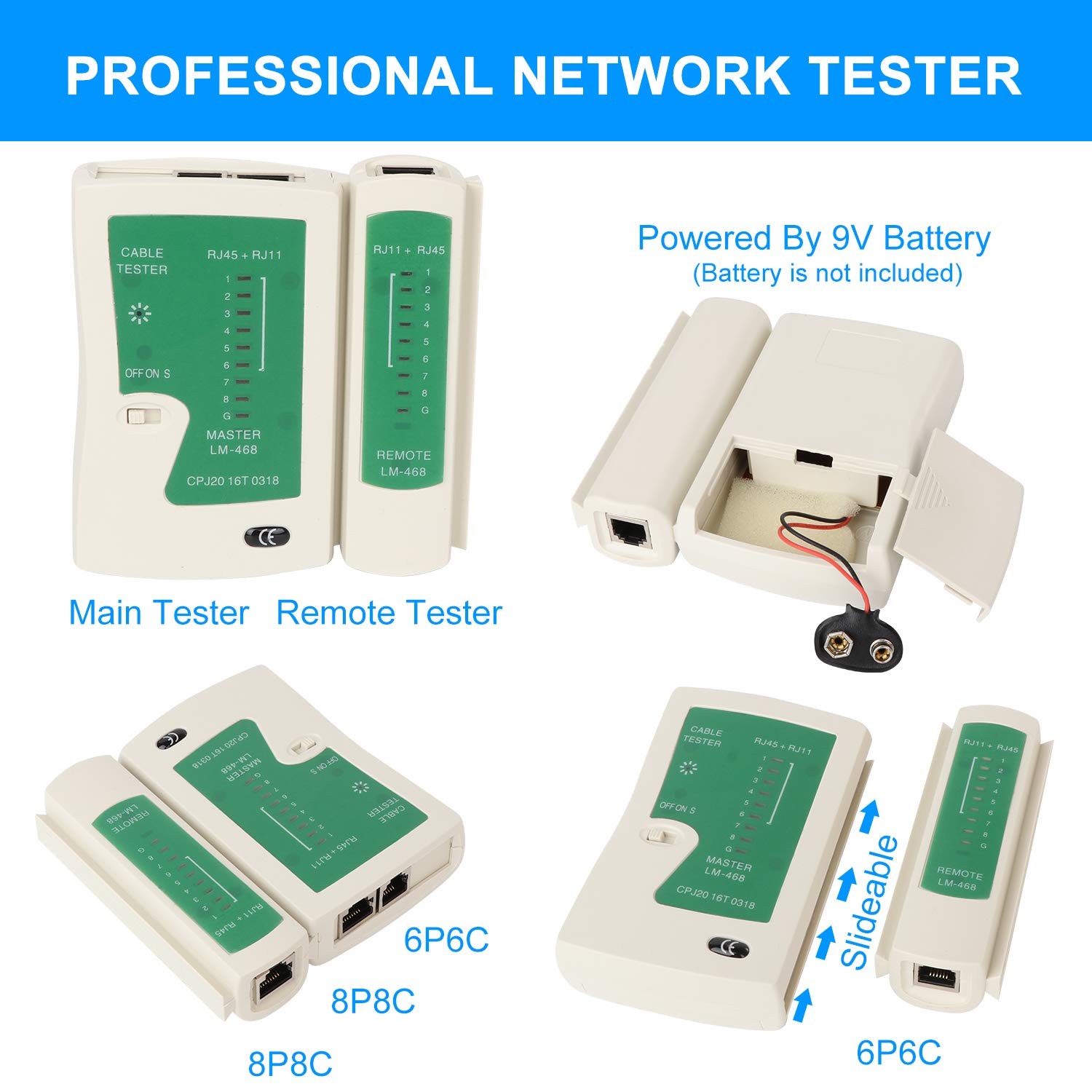 RJ45 Crimp Tool Kit Pass Thru Cat5 Cat5e Cat6 RJ45 Crimping Tool with 20PCS RJ45 Cat6 Pass Through Connectors, 20PCS Covers,1 Wire Punch Down Cutter and 1 Network Cable Tester