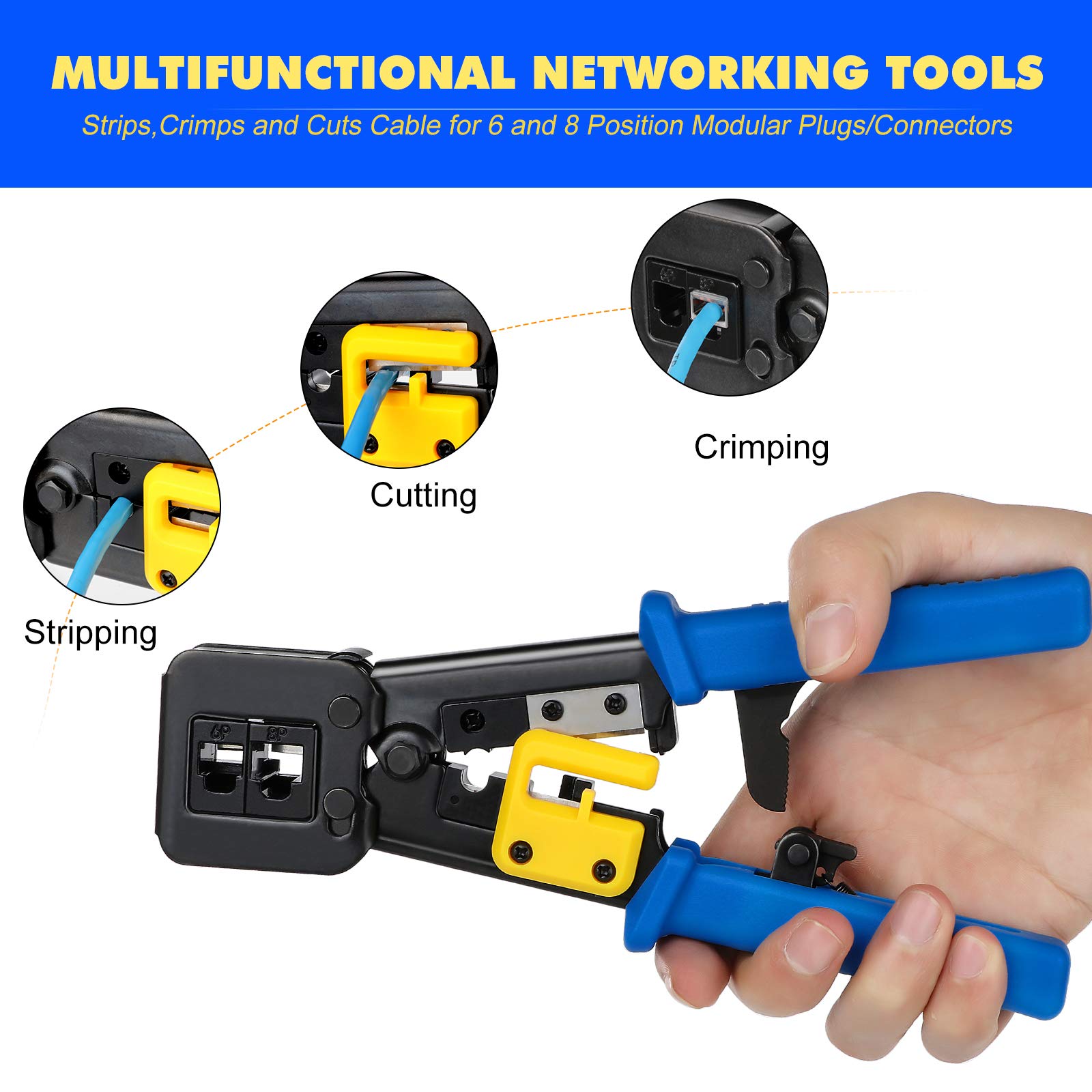 RJ45 Crimp Tool Kit Pass Thru Cat5 Cat5e Cat6 RJ45 Crimping Tool with 20PCS RJ45 Cat6 Pass Through Connectors, 20PCS Covers,1 Wire Punch Down Cutter and 1 Network Cable Tester