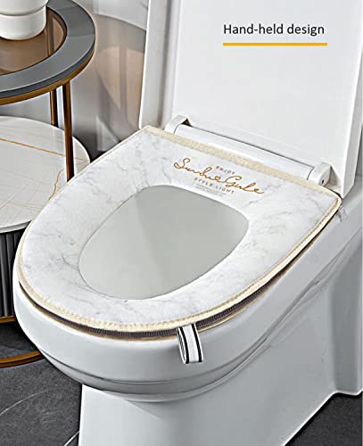 CHZJ Duoduo Toilet Seat Cover with Zipper, Washable Standard Toilet Lid Cover with Handle, Soft Thicken Warm Cover Pad Cushion for Bathroom, Fits All Elongated (Oval) Toilet Seats (White)