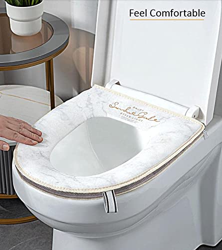 CHZJ Duoduo Toilet Seat Cover with Zipper, Washable Standard Toilet Lid Cover with Handle, Soft Thicken Warm Cover Pad Cushion for Bathroom, Fits All Elongated (Oval) Toilet Seats (White)