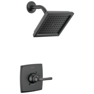 delta faucet geist 14 series black shower faucet, shower trim kit with single-spray matte black shower head, shower faucet set complete, matte black 142864-bl (valve included)