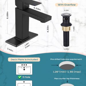 KUZOR Bathroom Faucets Matte Black, Single Hole Bathroom Sink Faucet with Metal Pop Up Drain, 304 Stainless Steel Modern Square One Hole Faucet for Bathroom Sink, Black Matt