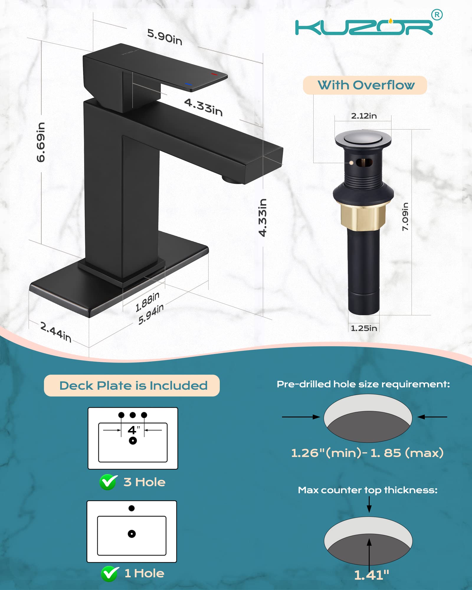 KUZOR Bathroom Faucets Matte Black, Single Hole Bathroom Sink Faucet with Metal Pop Up Drain, 304 Stainless Steel Modern Square One Hole Faucet for Bathroom Sink, Black Matt