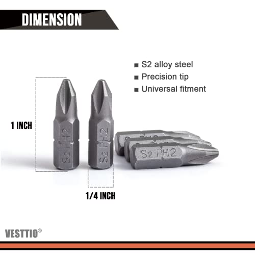 VESTTIO Phillips #2 PH2 Screwdriver Bits Set Drywall Insert Bits 30PCS 1 Inch/25 mm Length 1/4 Inch Hex Shank S2 Alloy Steel for Screwdriver Drill Driver with Storage Case